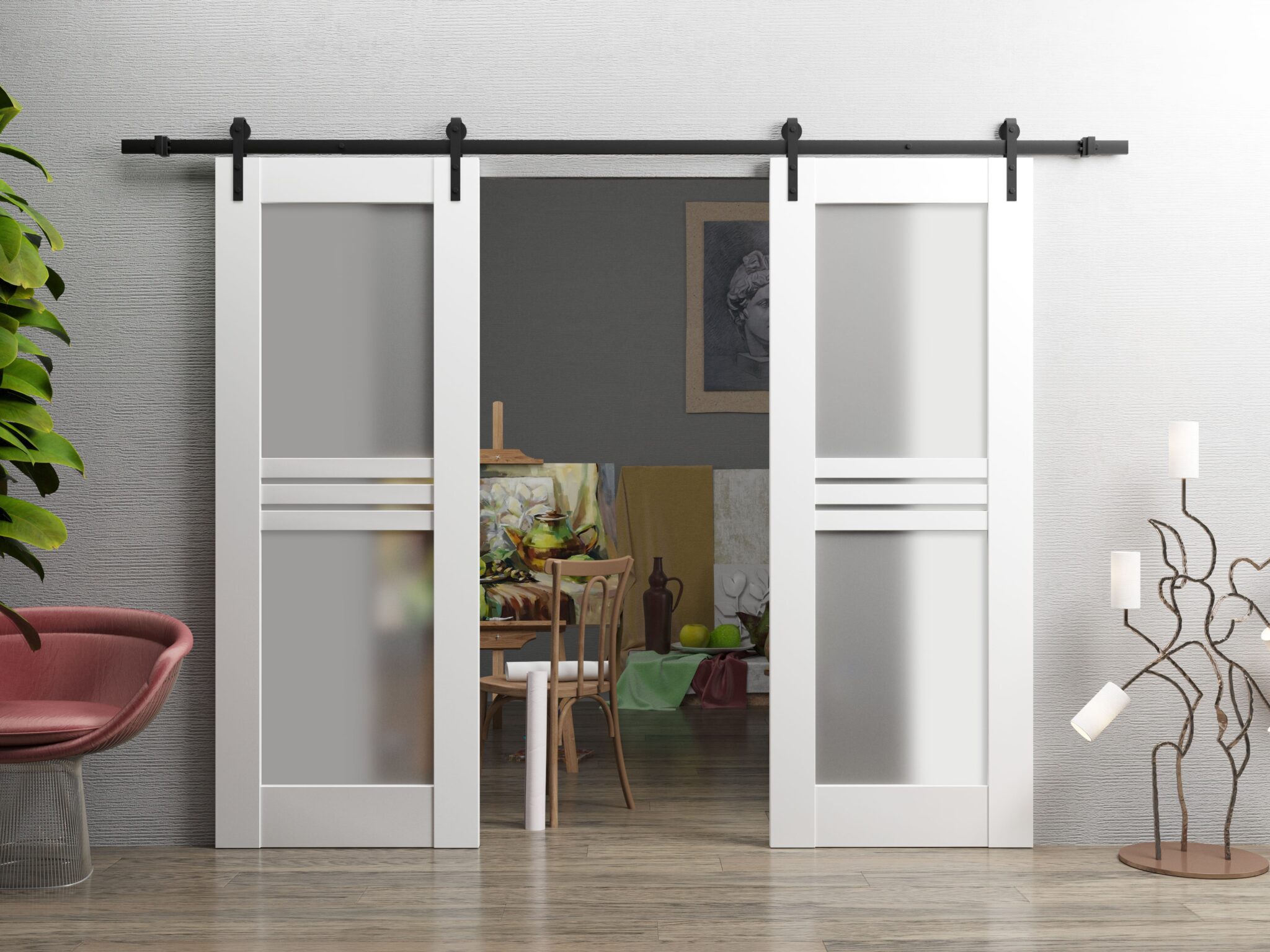 Modern Double Barn Door with Opaque Glass 4 Lites / Mela 7222 Matte ...